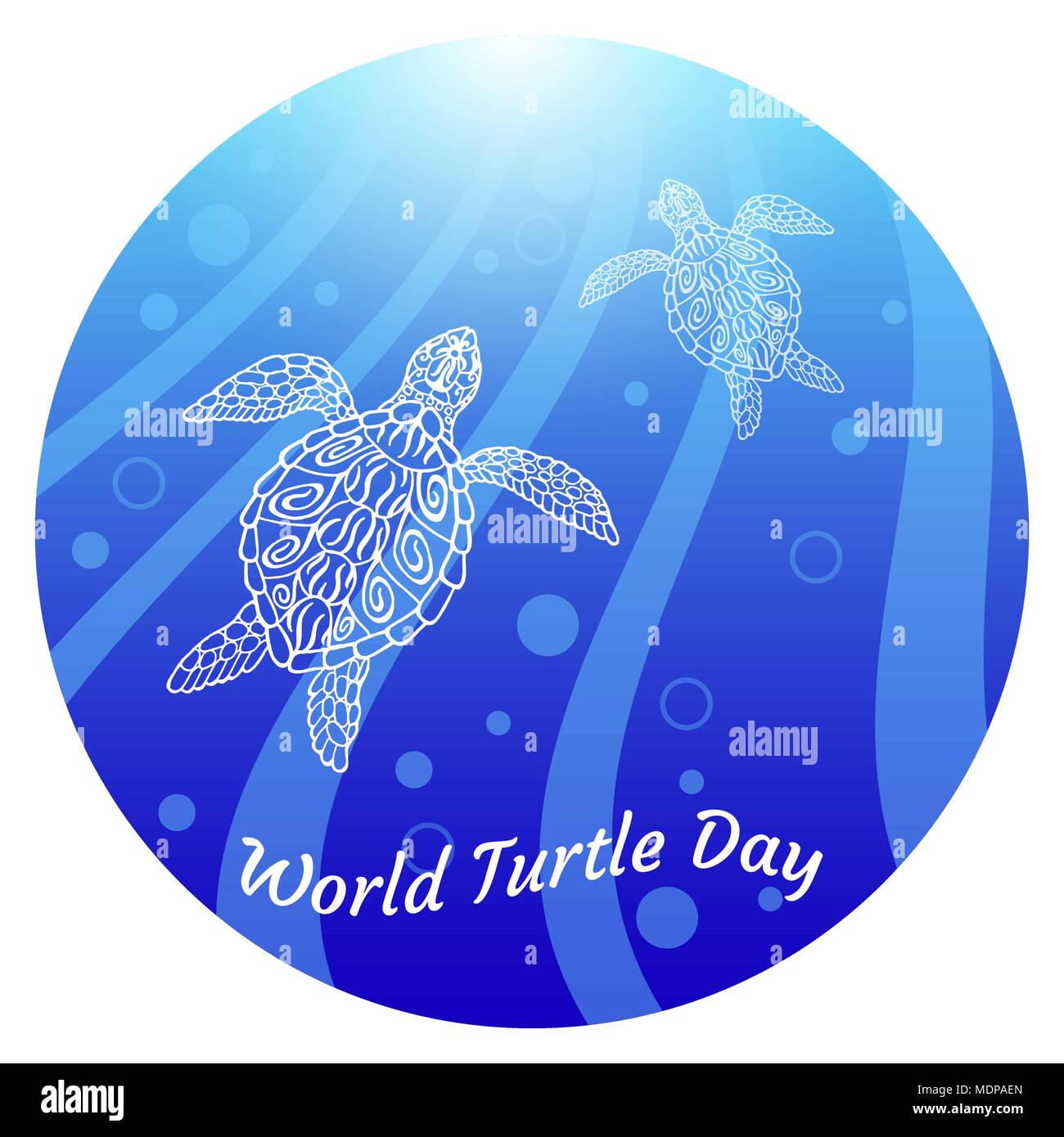 World Turtle Day. Water turtles swim up. Rays, bubbles, light. Drawing ...