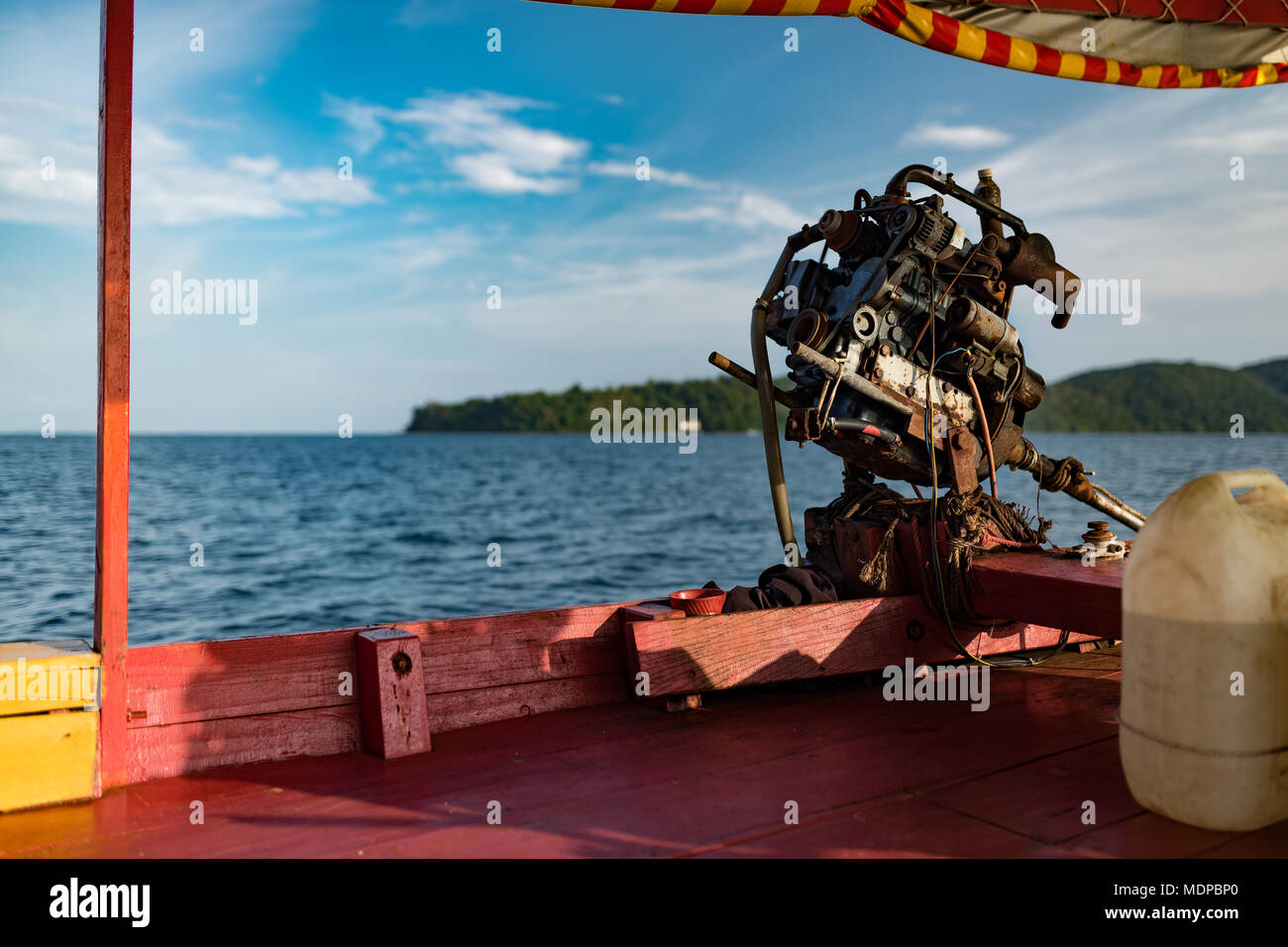 A close-up of front a motor engine on a Cambodian longtail boat. Koh ...