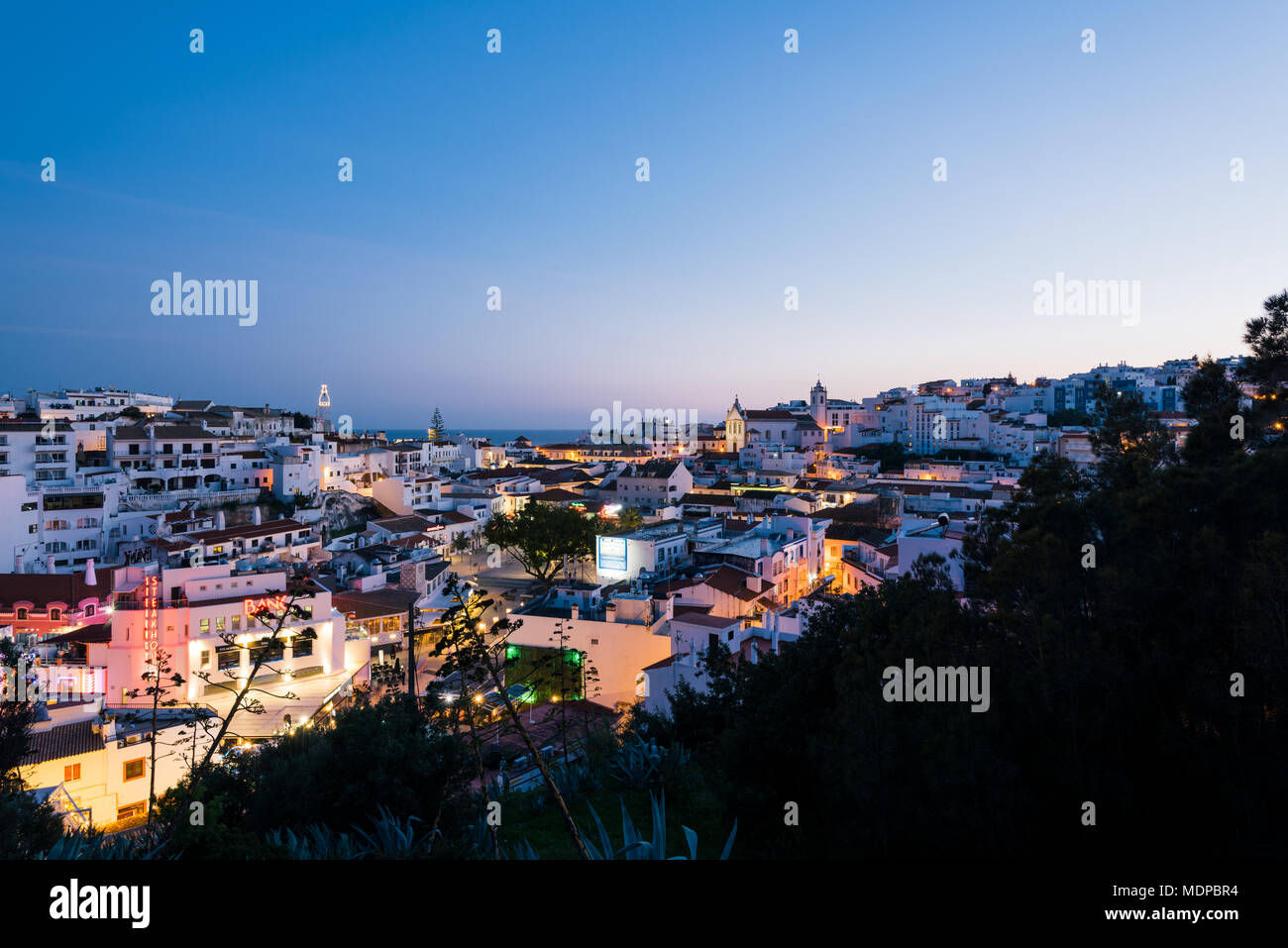 Albufeira, Portugal - April 16: Panoramic, night view of the Old Town ...