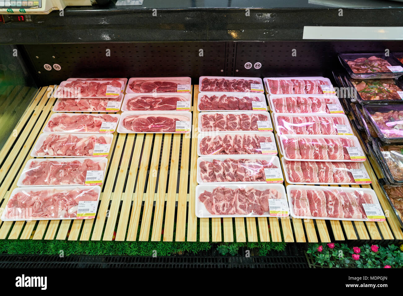 BUSAN, SOUTH KOREA - CIRCA MAY, 2017: meat on display at a supermarket ...