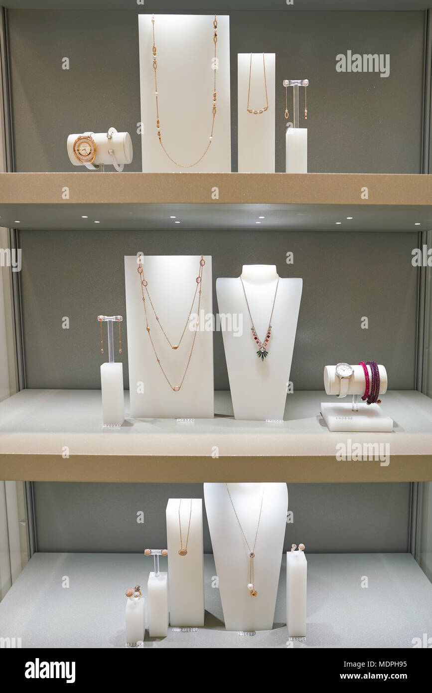 BUSAN, SOUTH KOREA - MAY 25, 2017: jewellery on display at Swarovski ...
