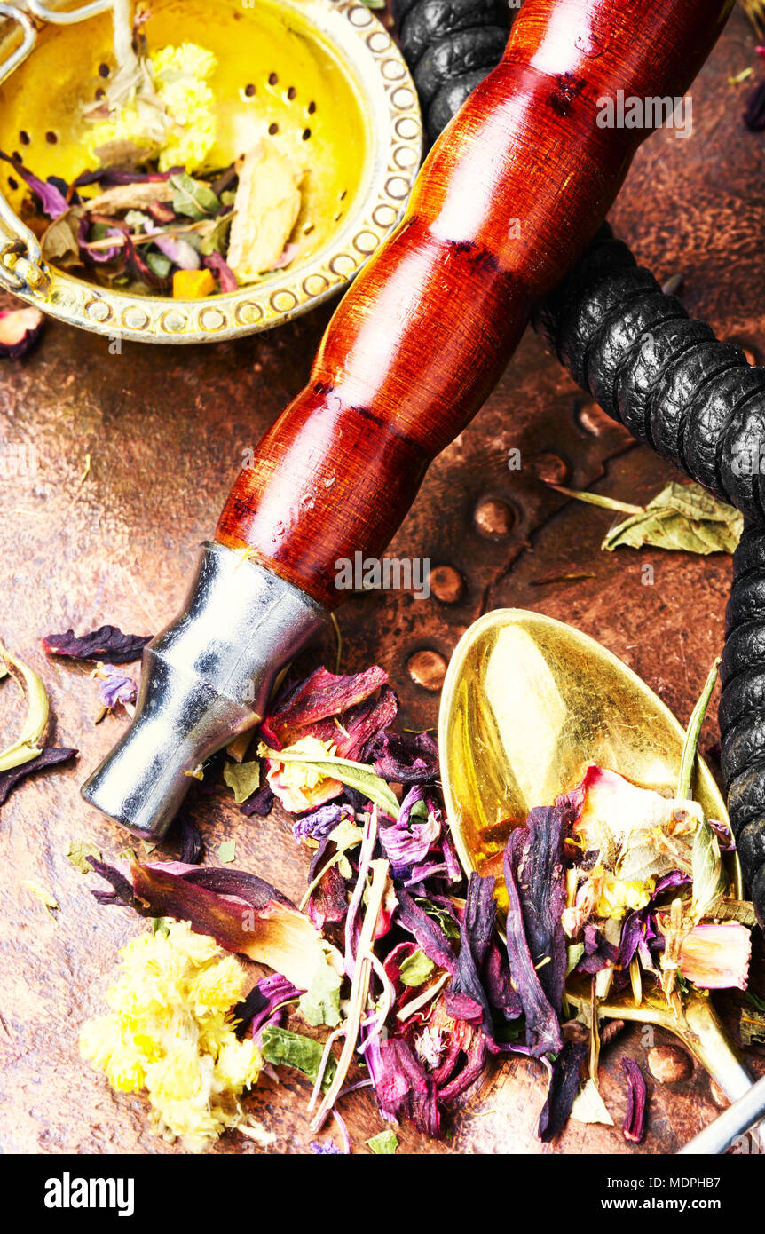 Smoke hookah with herbal floral tea.Shisha concept.Hookah concept Stock ...
