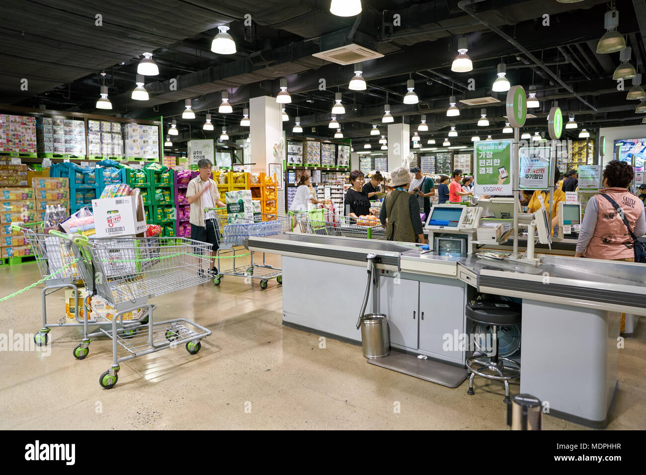 BUSAN, SOUTH KOREA - CIRCA MAY, 2017: inside E-Mart Traders in Busan. E ...