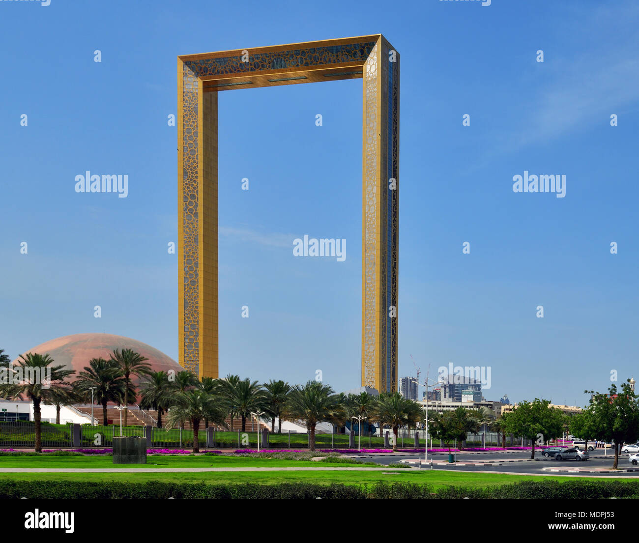 Dubai, UAE - April 8. 2018. Dubai frame - building in form of frame for ...