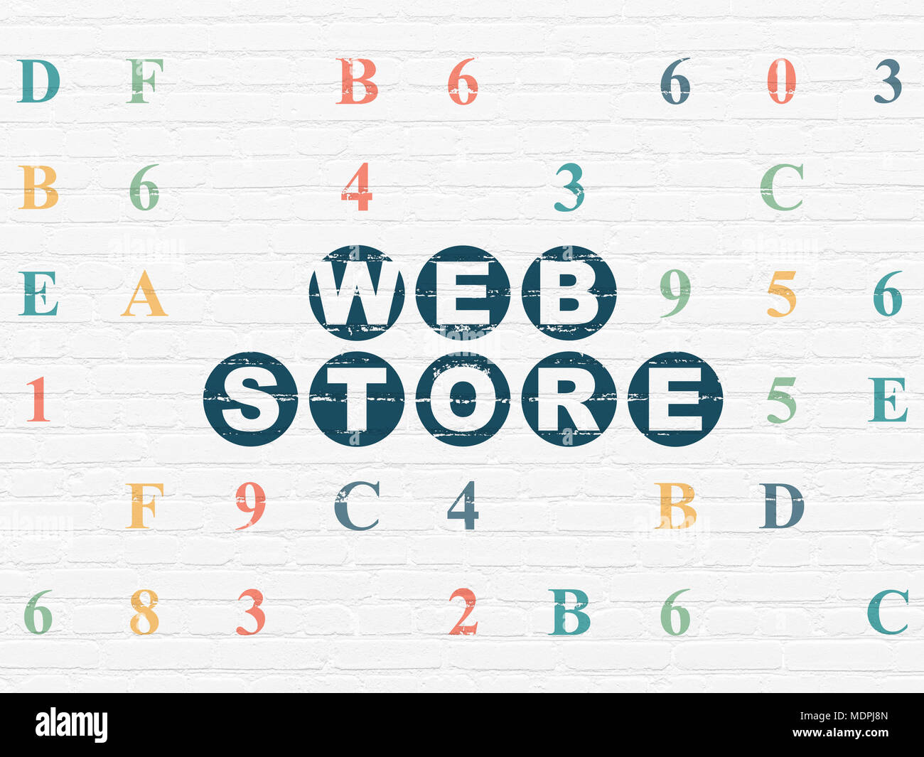 Web design concept: Painted blue text Web Store on White Brick wall background with Hexadecimal ...