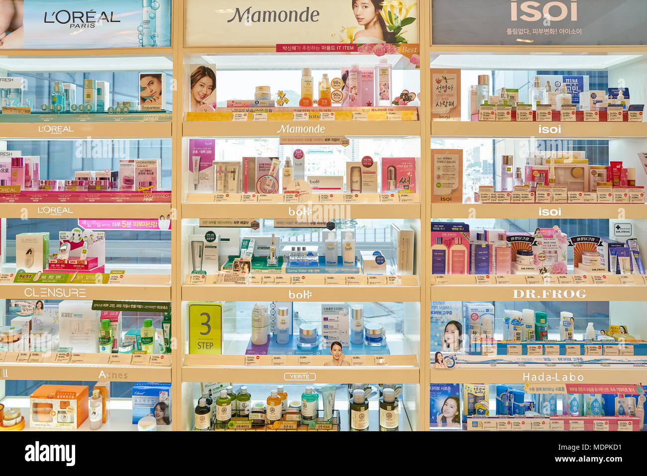 BUSAN, SOUTH KOREA - MAY 28, 2017: cosmetic products sit on display for ...