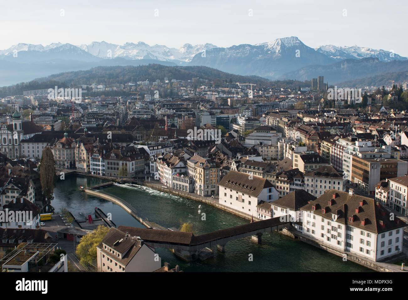 Morning view of mountain Pilatus and historic city of Luzern ...