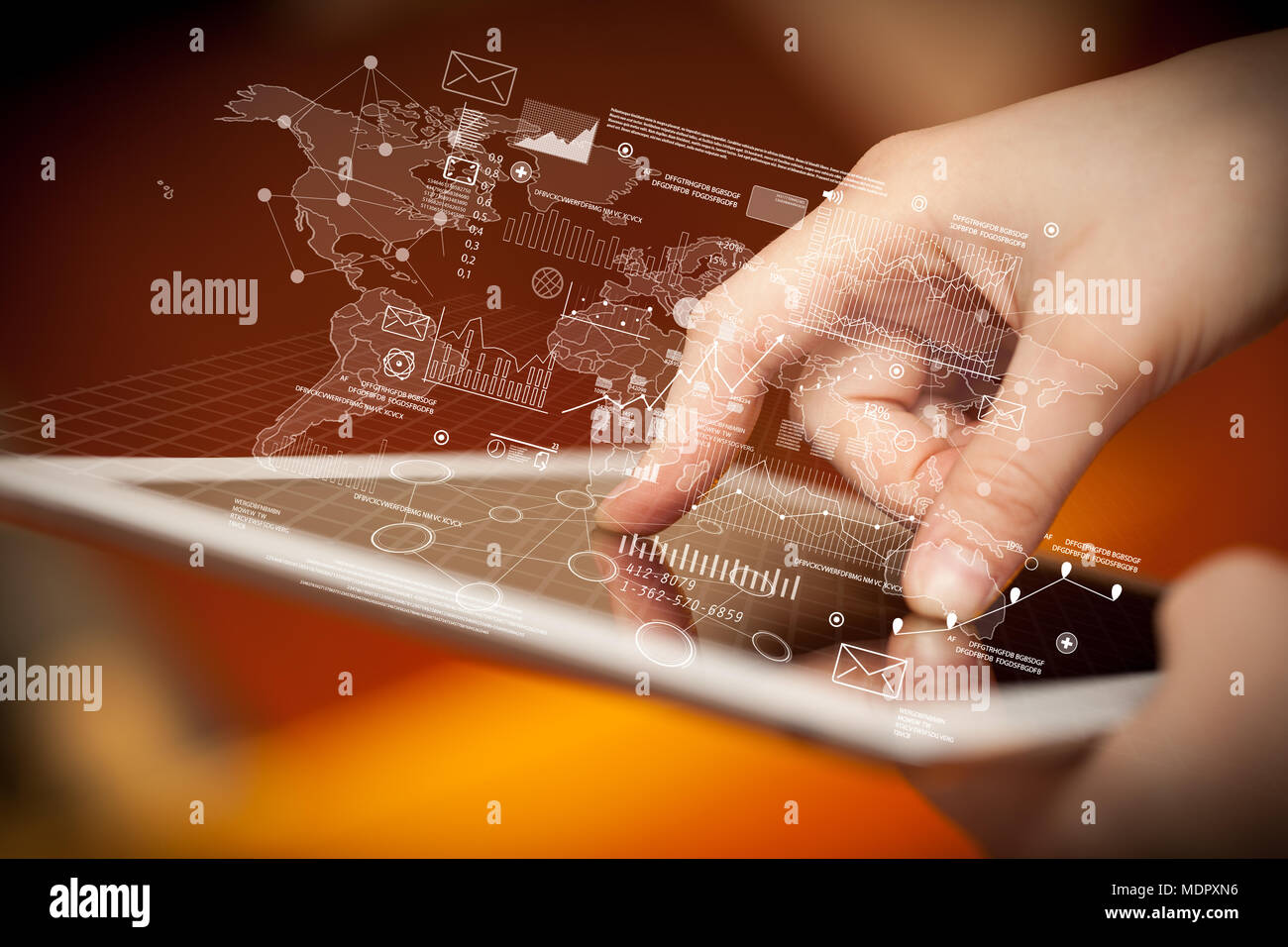 Female hands touching tablet with maps and charts Stock Photo - Alamy