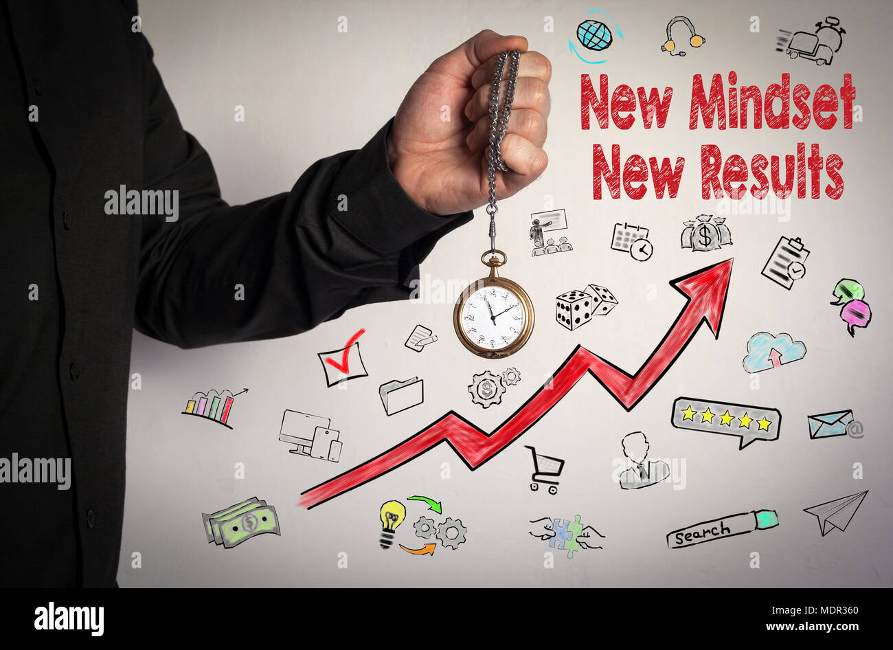 New Mindset New Results concept. Red Arrow and Icons Around Stock Photo ...