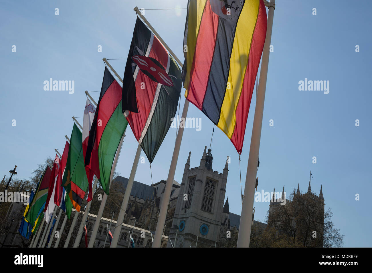 The flags of Commonwealth Nations hang in Parliament Square on the ...