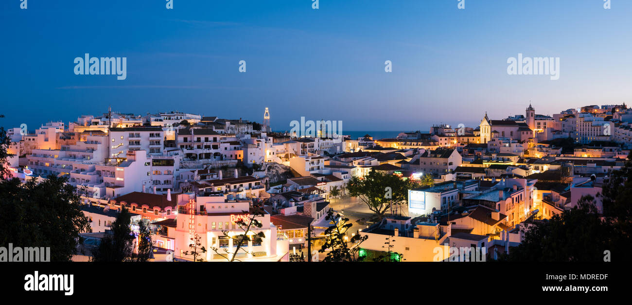 Albufeira, Portugal - April 16: Panoramic, night view of the Old Town ...