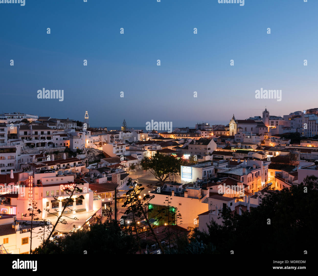 Albufeira, Portugal - April 16: Panoramic, night view of the Old Town ...