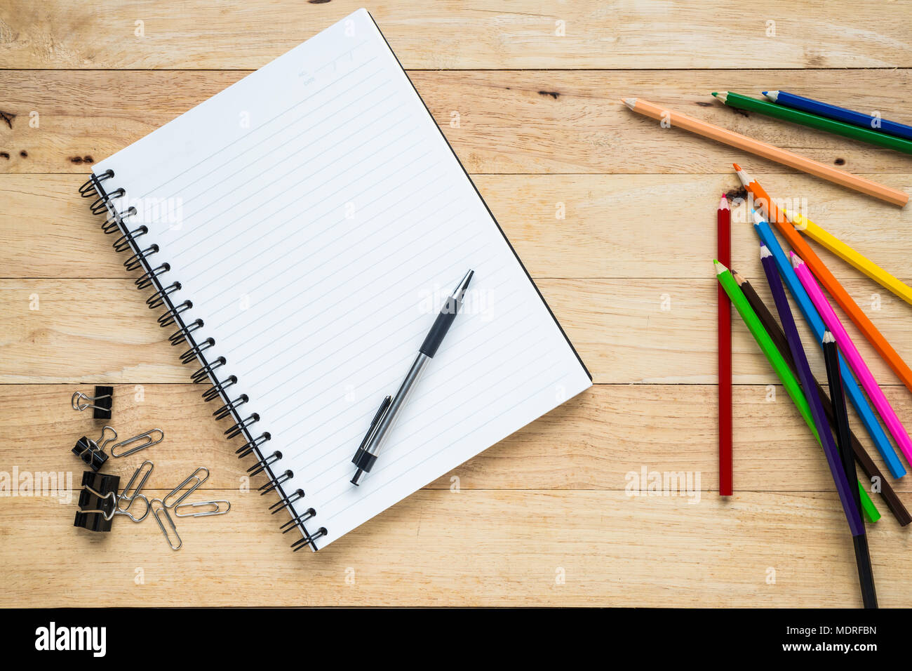 Flat lay blank open notebook and copy space. School supplies, Top view ...