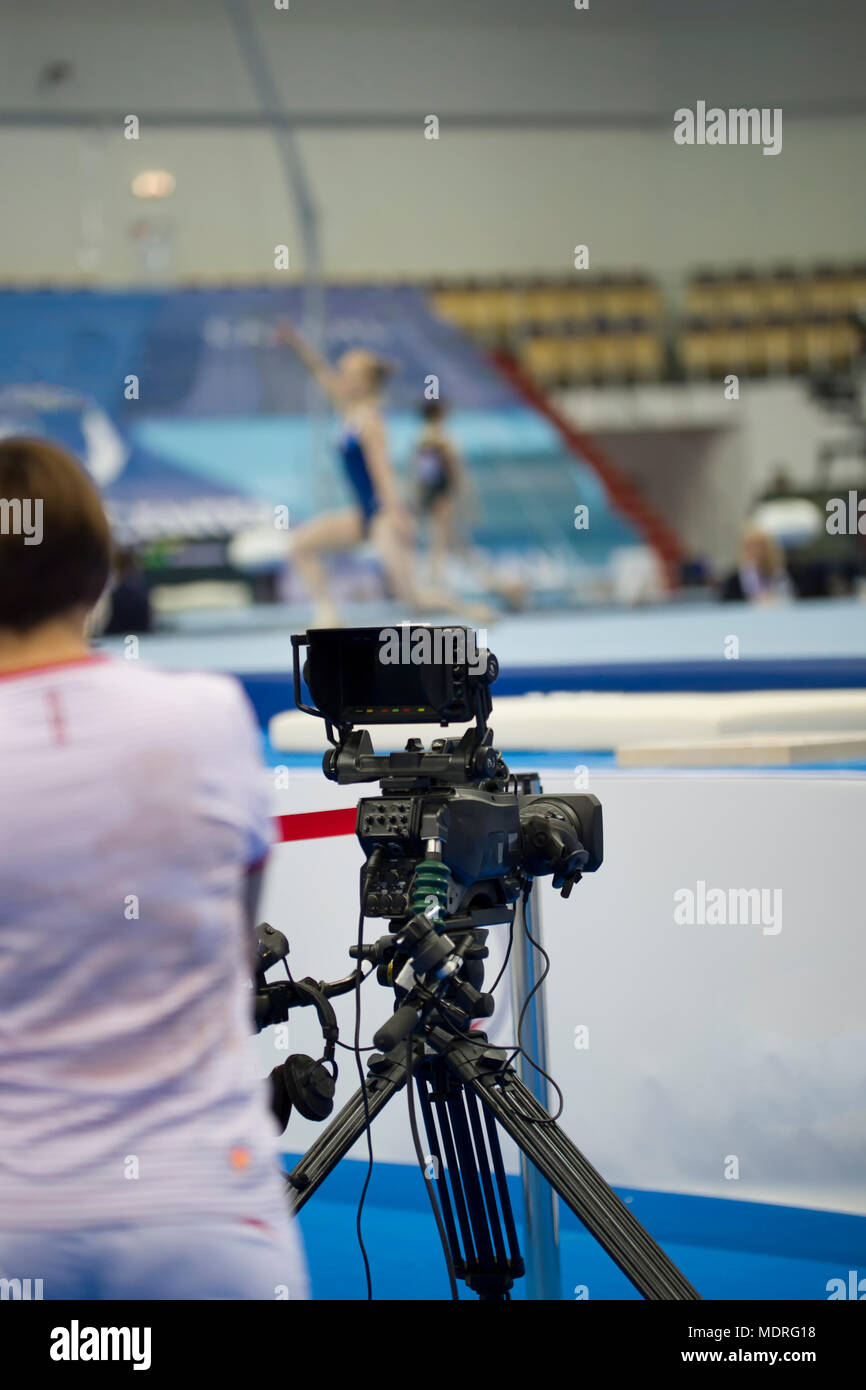 Female athlete gymnasts performing in front of camera in stadium Stock ...