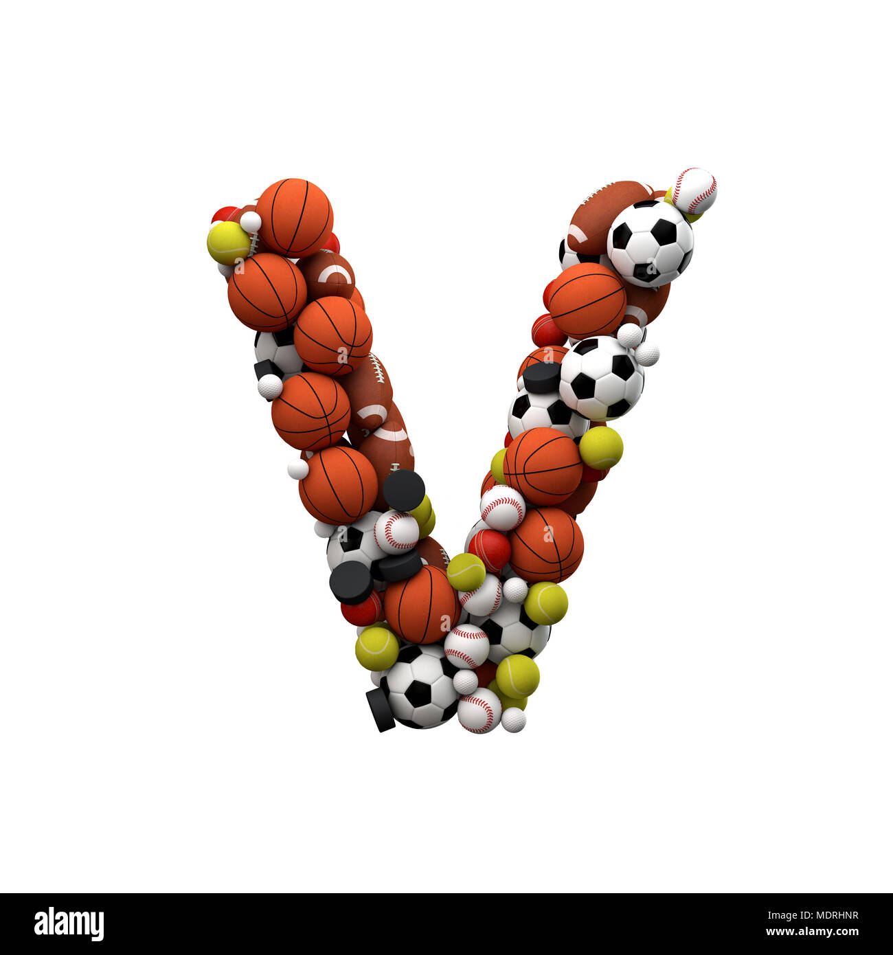 Letter V. Font made from sports balls. 3D Rendering Stock Photo - Alamy