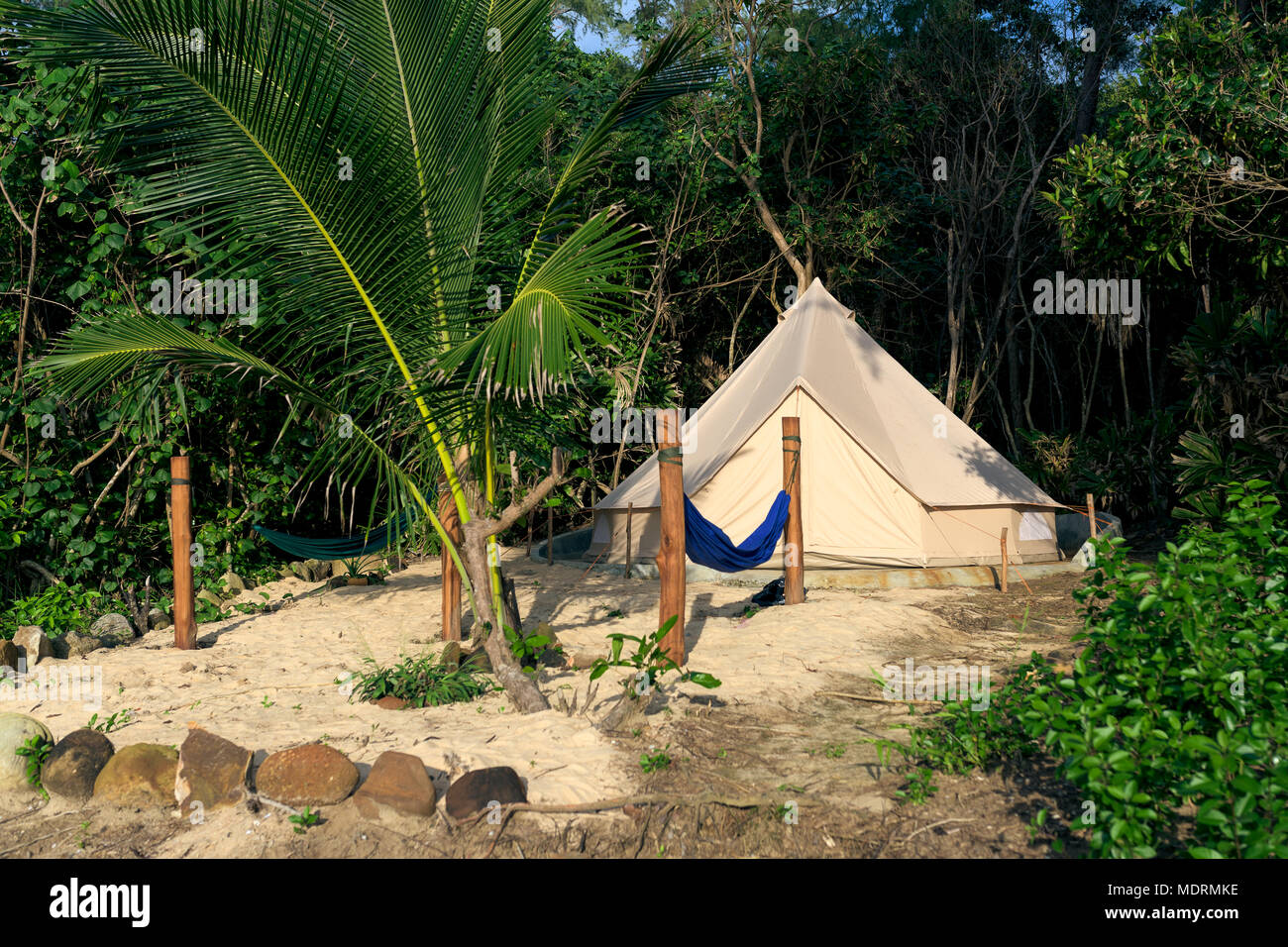 Creamy big touristic tent at the beach close to the jungle. Koh Rong ...