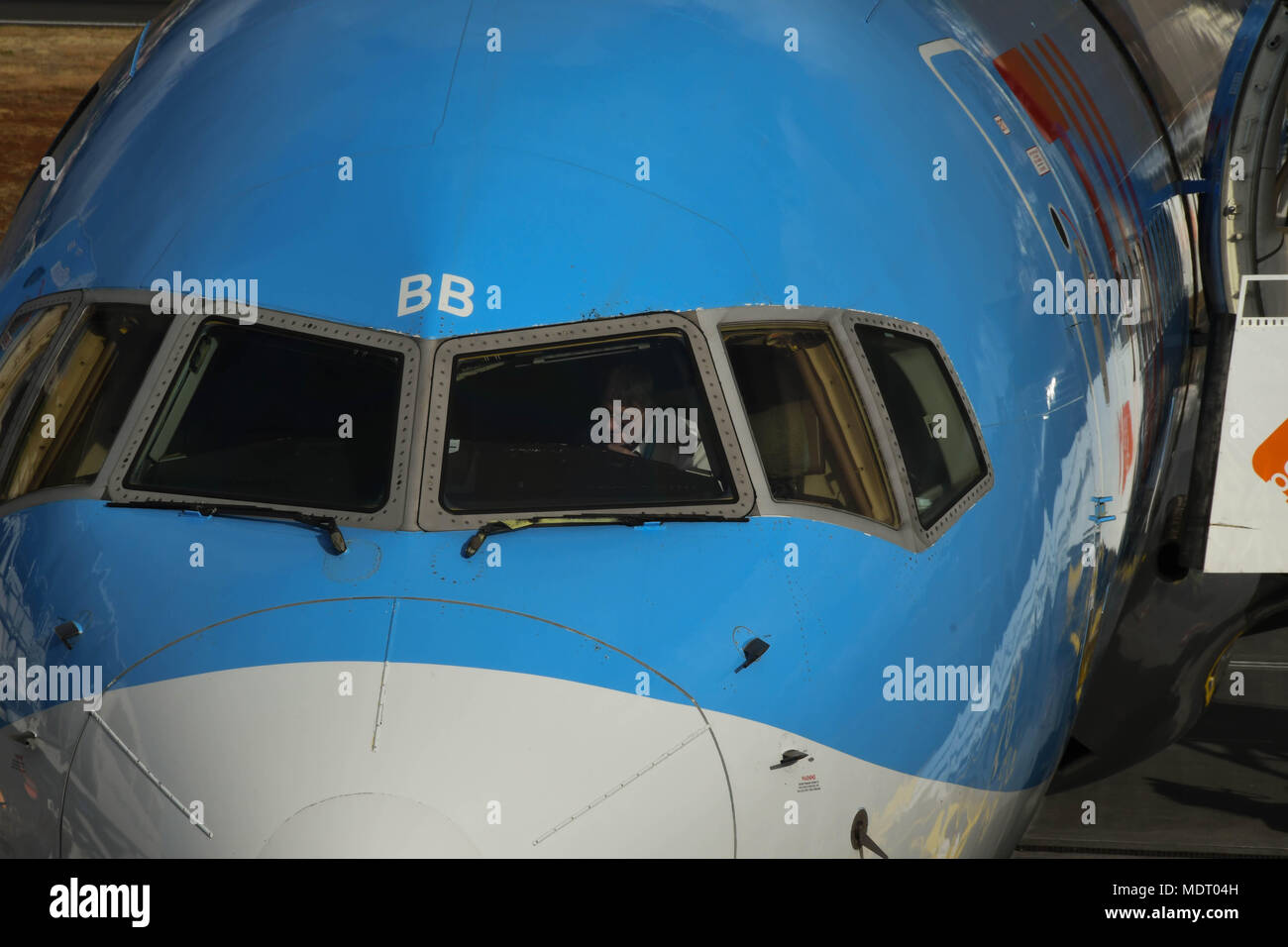 Close up of the nose and cockpit of a TUI Boeing 757 jet on arrival in ...