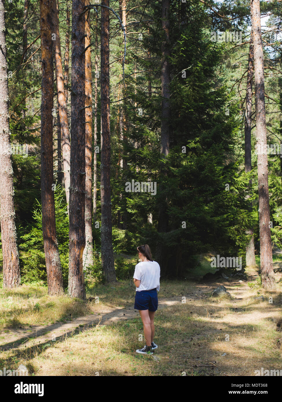 Young female traveler taking a walk in the wild. Shot from the back ...