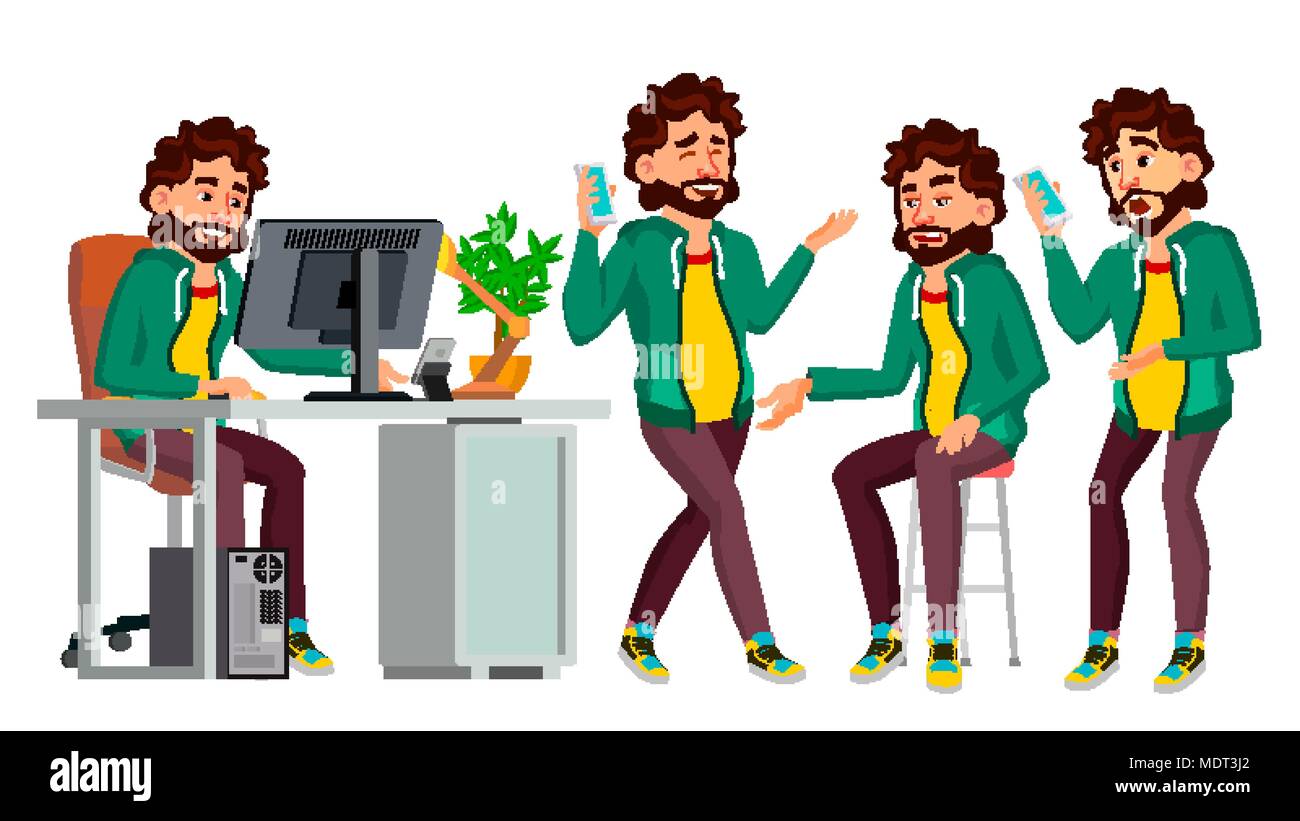 Office Worker Vector. In Action. Face Emotions, Various Gestures ...