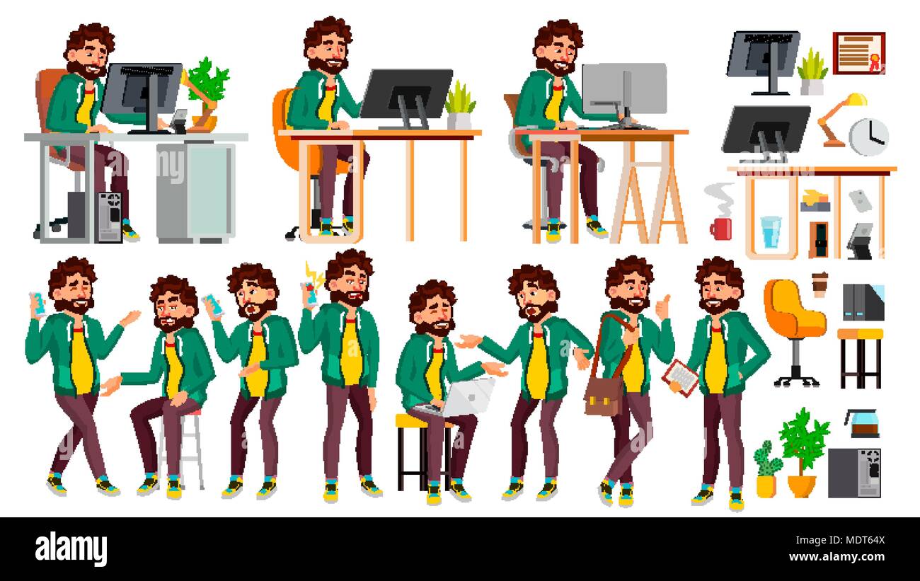 Office Worker Vector. Face Emotions, Various Gestures. Business Human ...