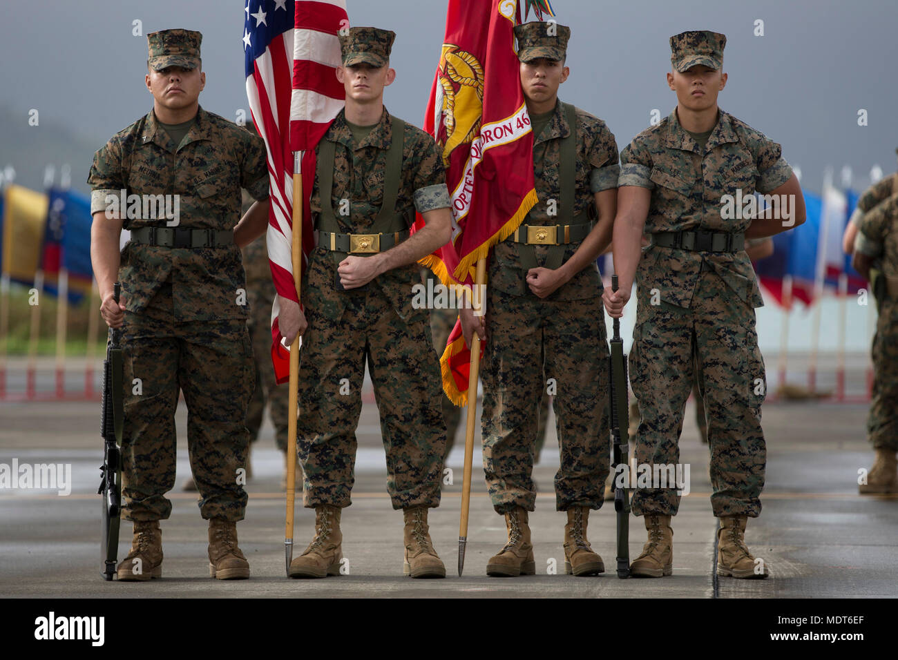 U.S. Marines with the Marine Heavy Helicopter Squadron 463 color guard ...