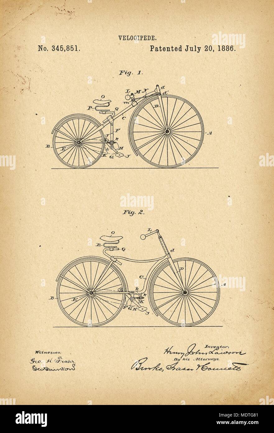 1886 Patent Velocipede Bicycle history invention Stock Photo - Alamy