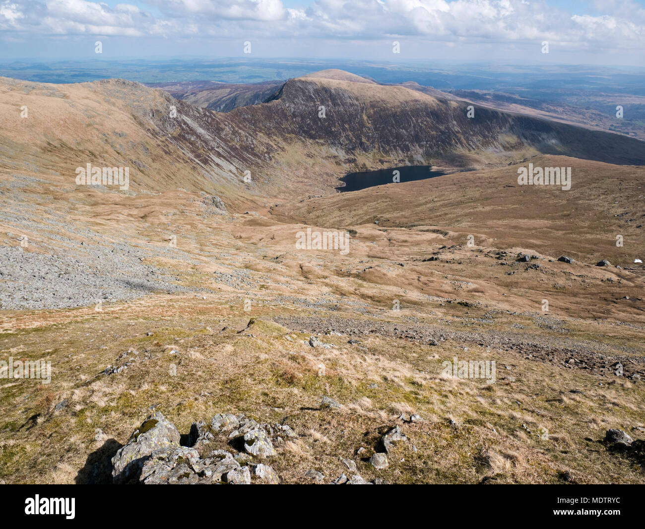 View down Cwm Llugwy from the flanks of Carnedd Llewelyn, showing ...