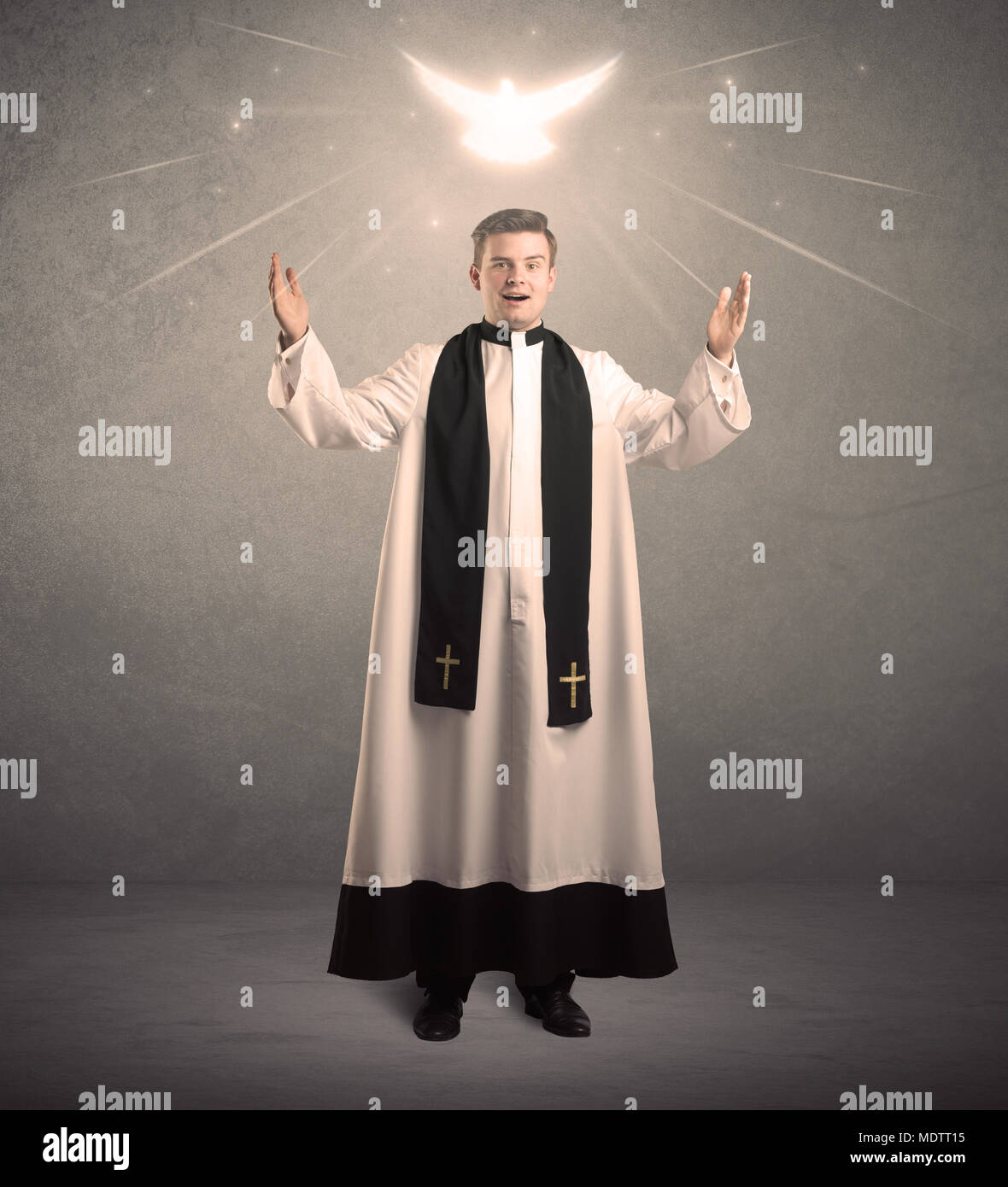 A holy priest reading a prayer from the holy bible with illustrated ...
