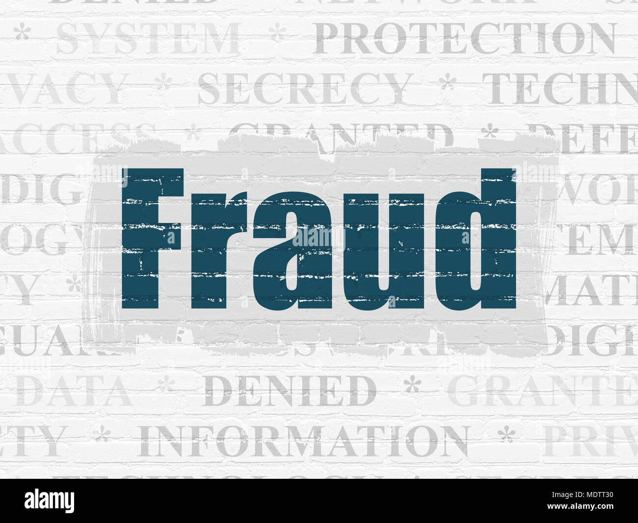Protection concept: Painted blue text Fraud on White Brick wall ...