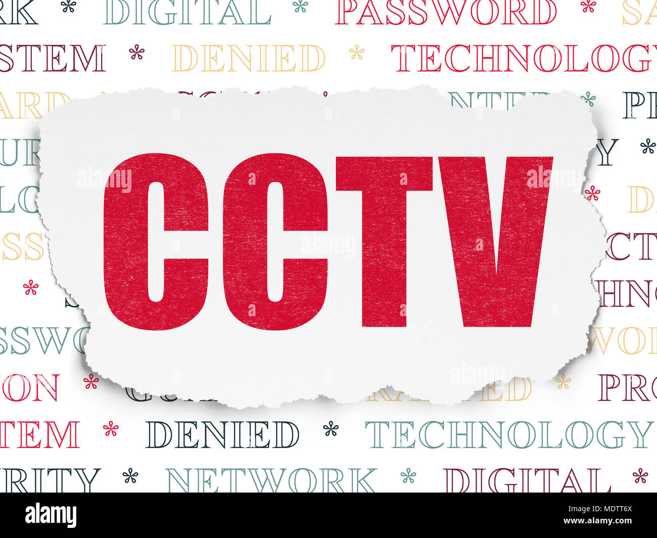 Safety concept: Painted red text CCTV on Torn Paper background with Tag ...