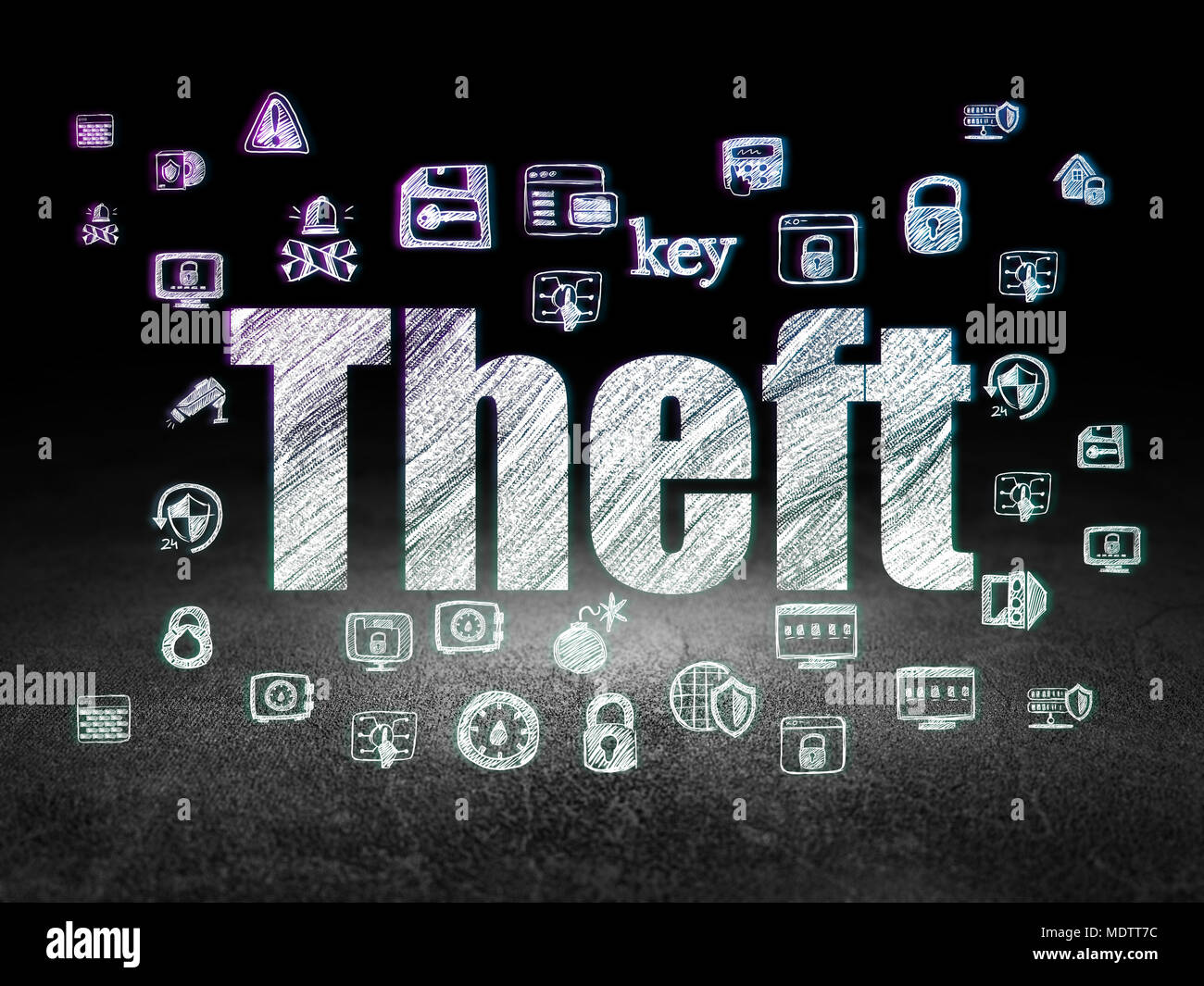 Safety concept: Glowing text Theft, Hand Drawn Security Icons in grunge ...