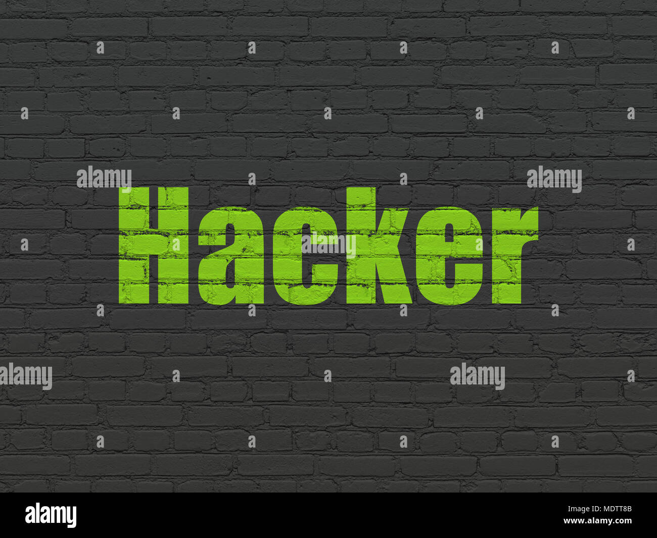 Security concept: Painted green text Hacker on Black Brick wall ...
