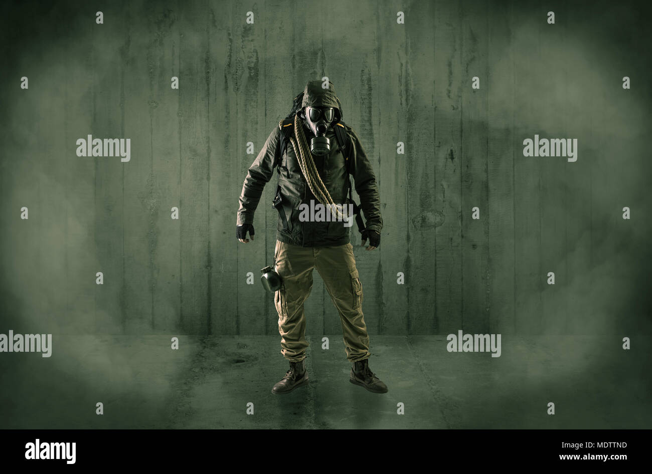 Dreadful dangerous man with wood, shanty wallpaper and fume around ...