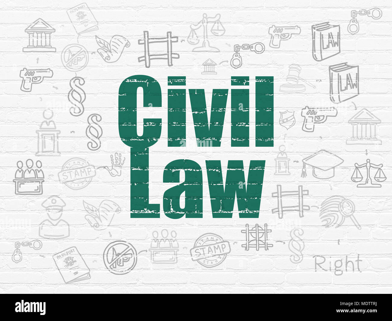 Law concept: Painted green text Civil Law on White Brick wall ...