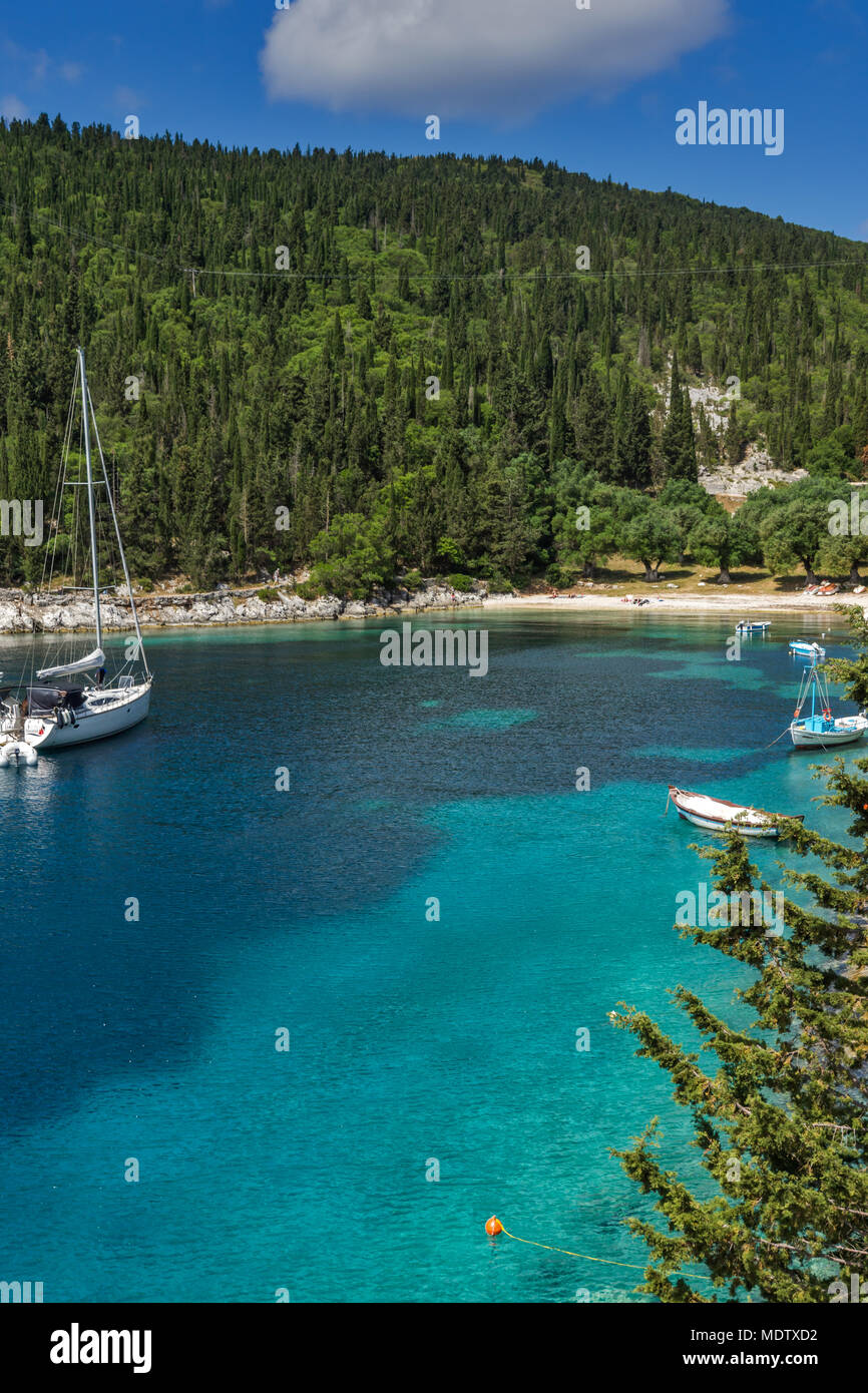 Blue waters of Foki Fiskardo Beach, Kefalonia, Ionian islands, Greece ...