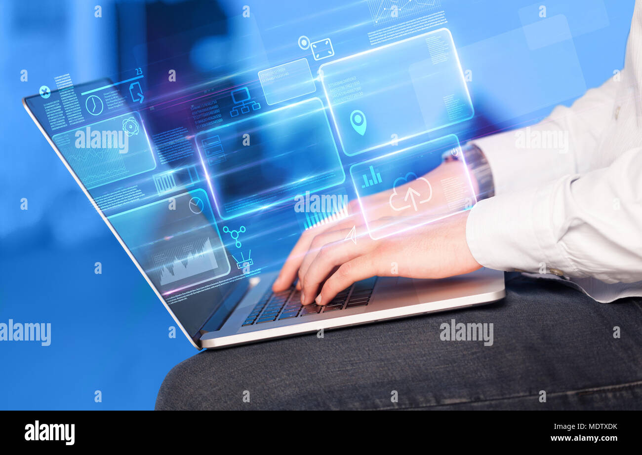 Hand using laptop with database reports and online work concept Stock ...