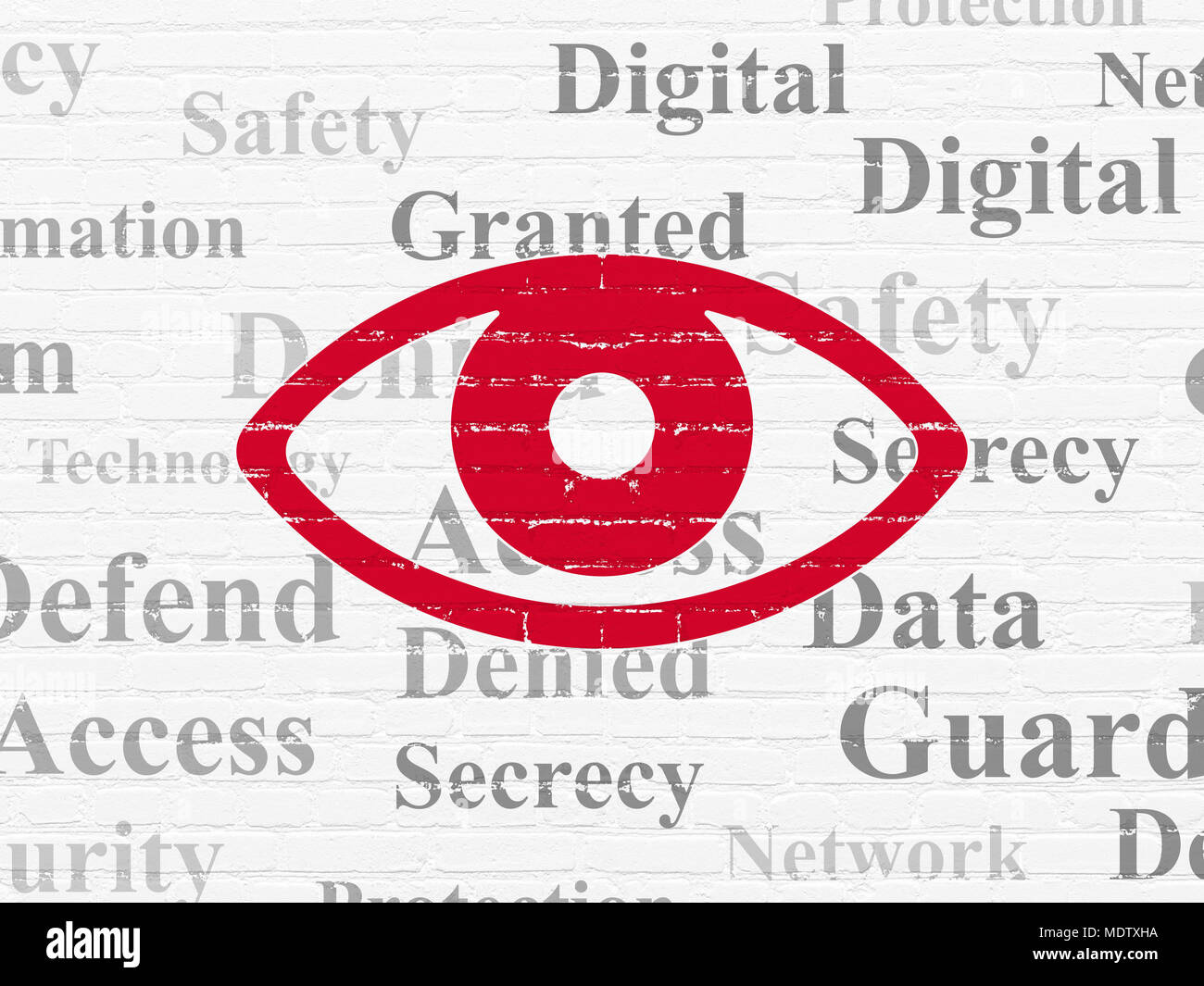 Safety concept: Painted red Eye icon on White Brick wall background ...