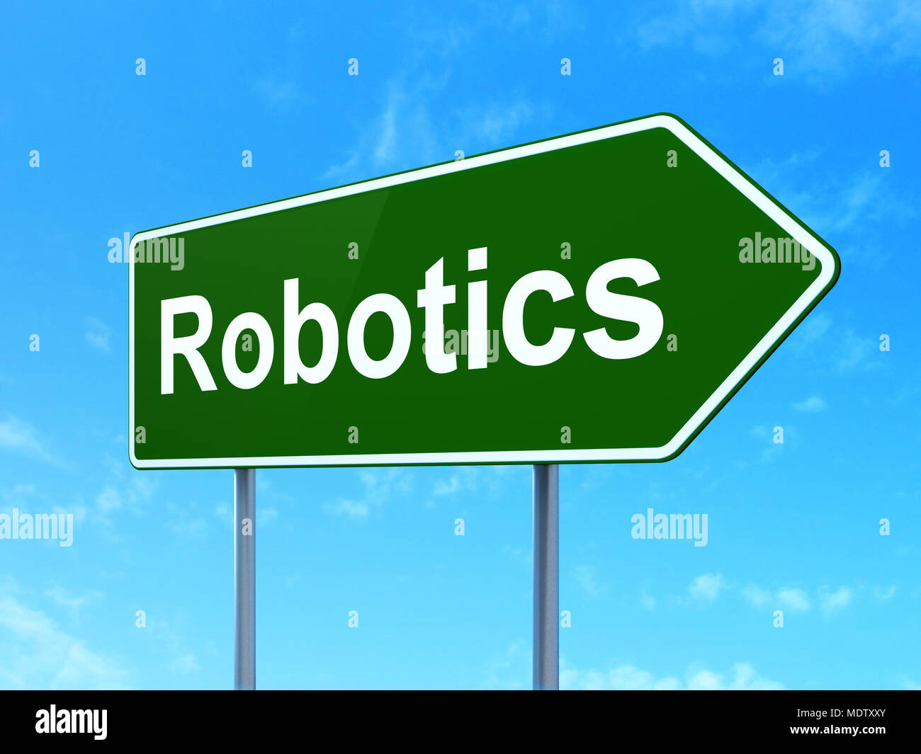 Science concept: Robotics on green road highway sign, clear blue sky ...