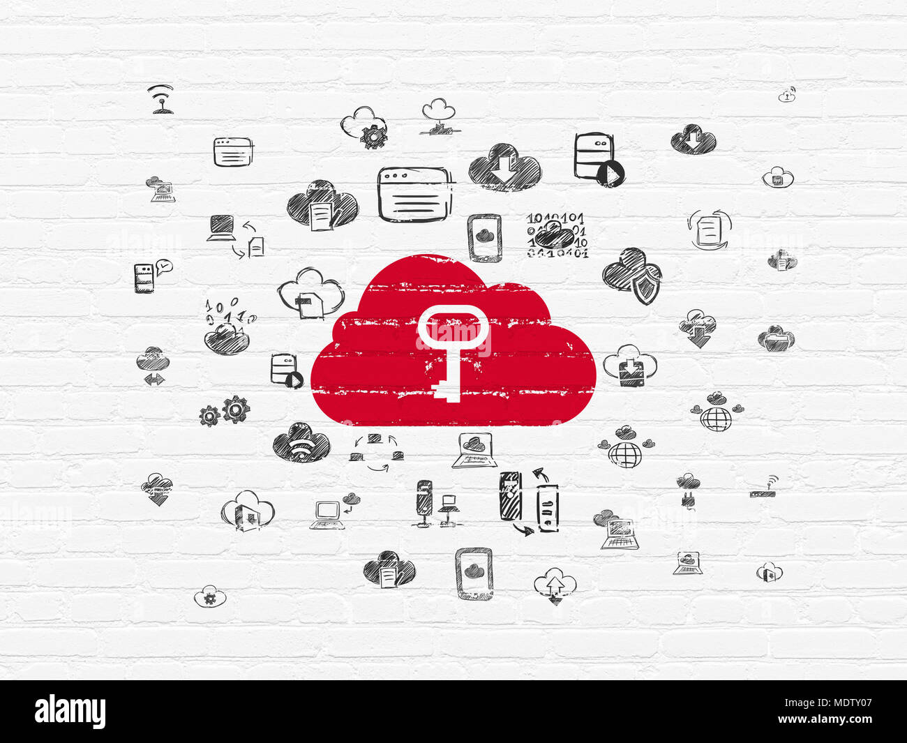 Cloud computing concept: Painted red Cloud With Key icon on White Brick ...