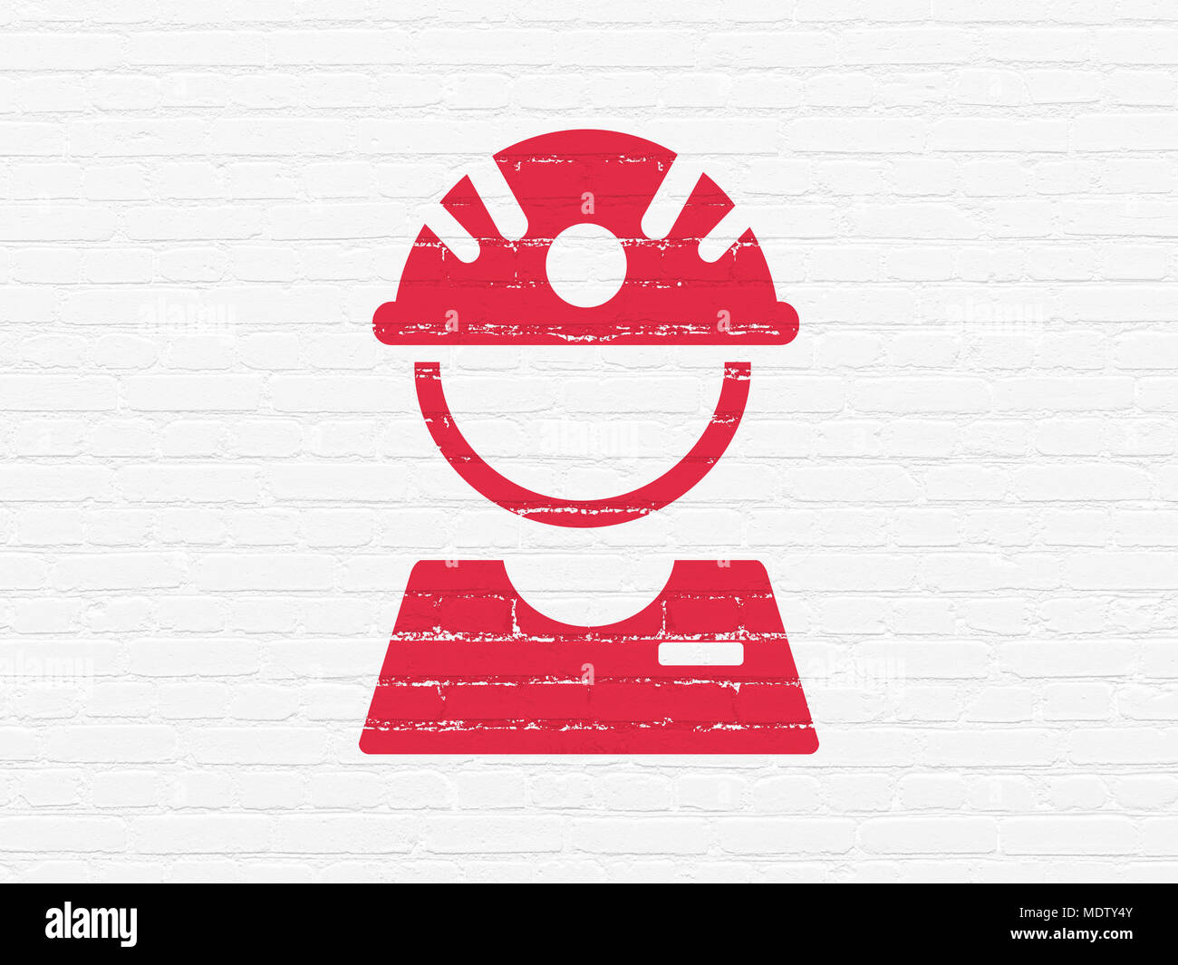 Manufacuring concept: Painted red Factory Worker icon on White Brick ...