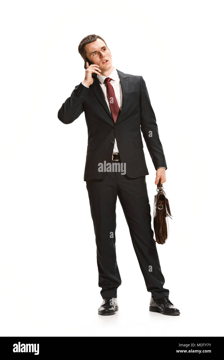 Full body portrait of businessman with briefcase on white Stock Photo ...