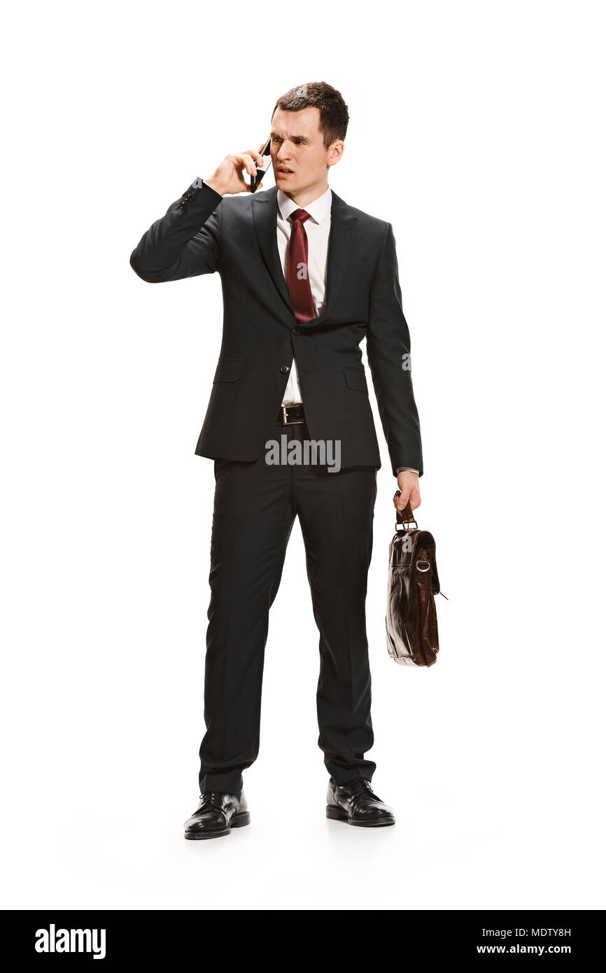 Full body portrait of businessman with briefcase on white Stock Photo ...