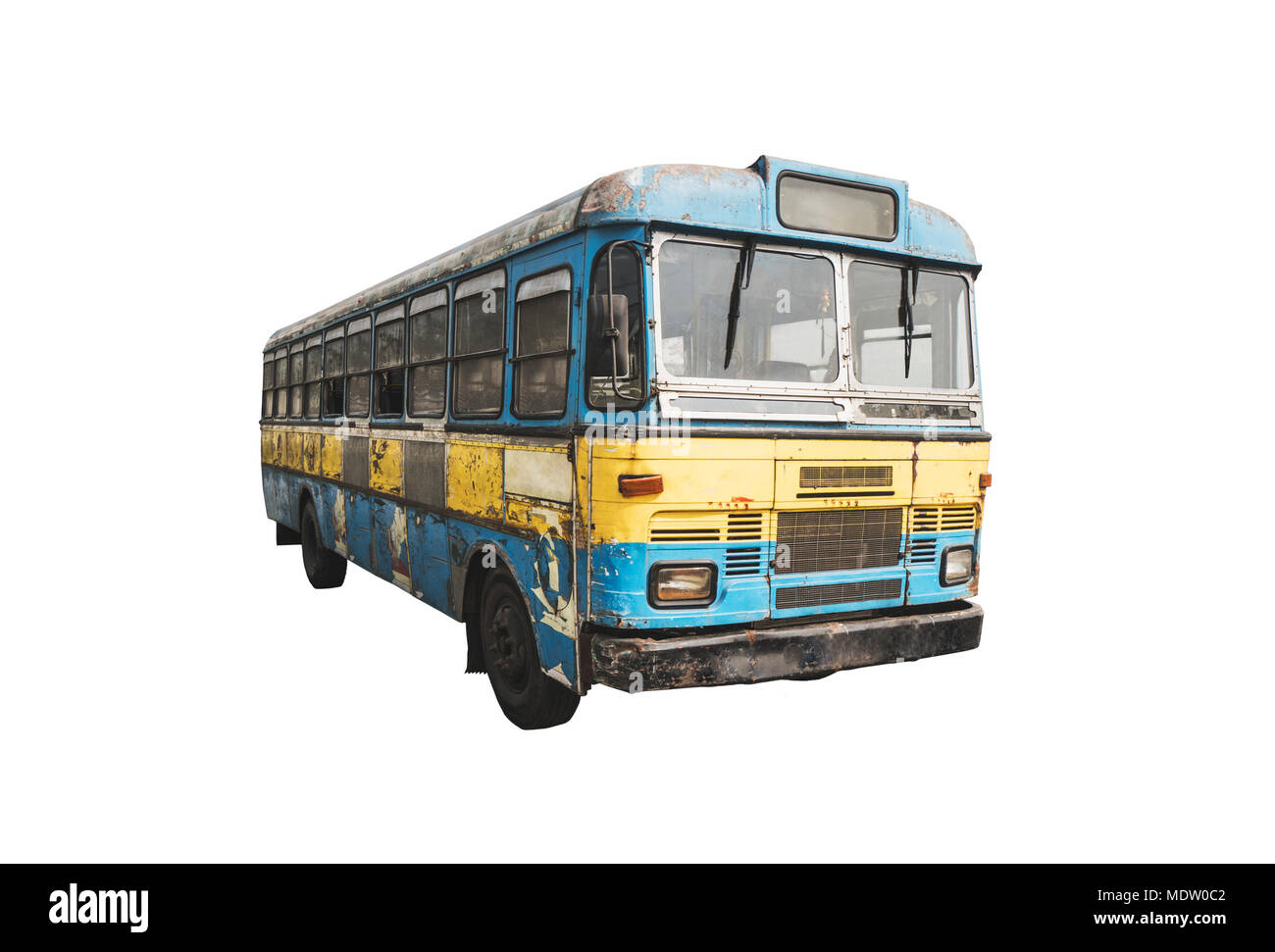 An Isolated Grungy Old Bus Or Coach. Yellow blue bus in profile at an ...
