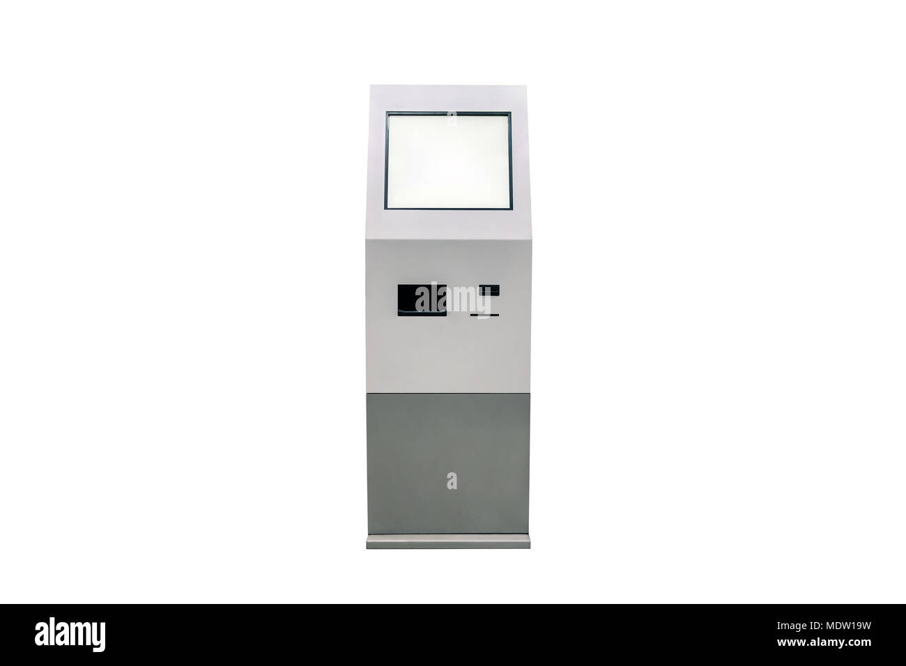 payment terminals on white background. Isolated. Grey ATM with blank ...