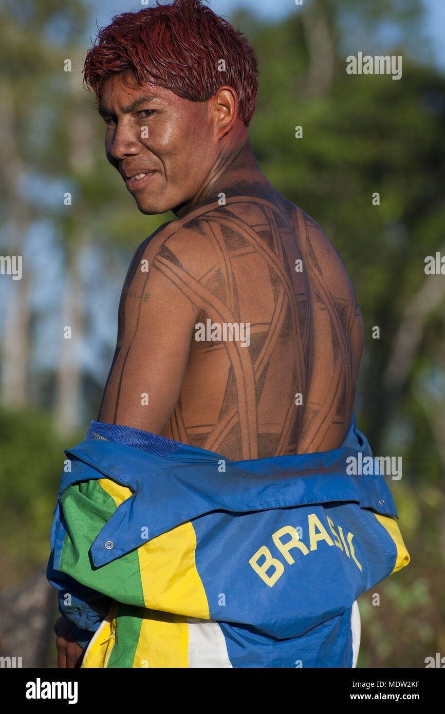 Indian ethnicity Kalapalo with body paint and shirt Brazilazil ...