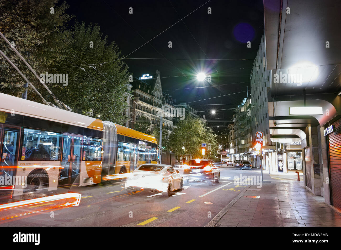 Night photo of street of city of Geneva, Switzerland Stock Photo - Alamy