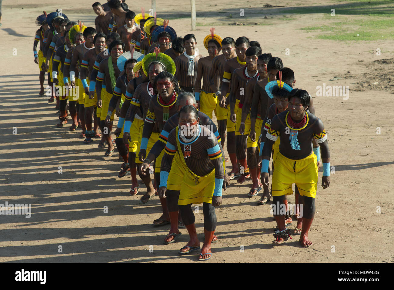 Kayapó Indians of the village Moikarako participate in the dance of ...