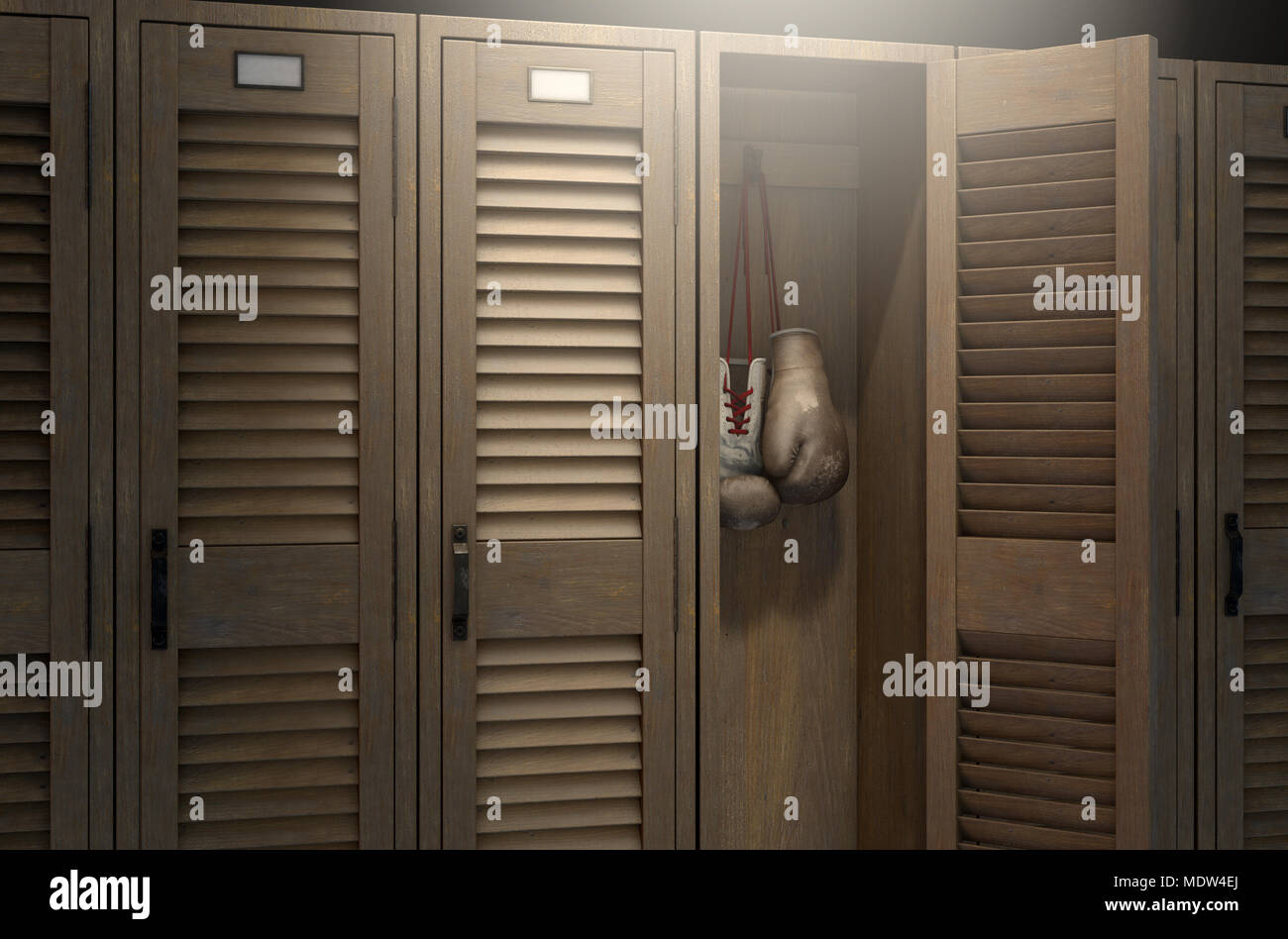 A row of vintage wooden gym lockers with one open door revealing that ...