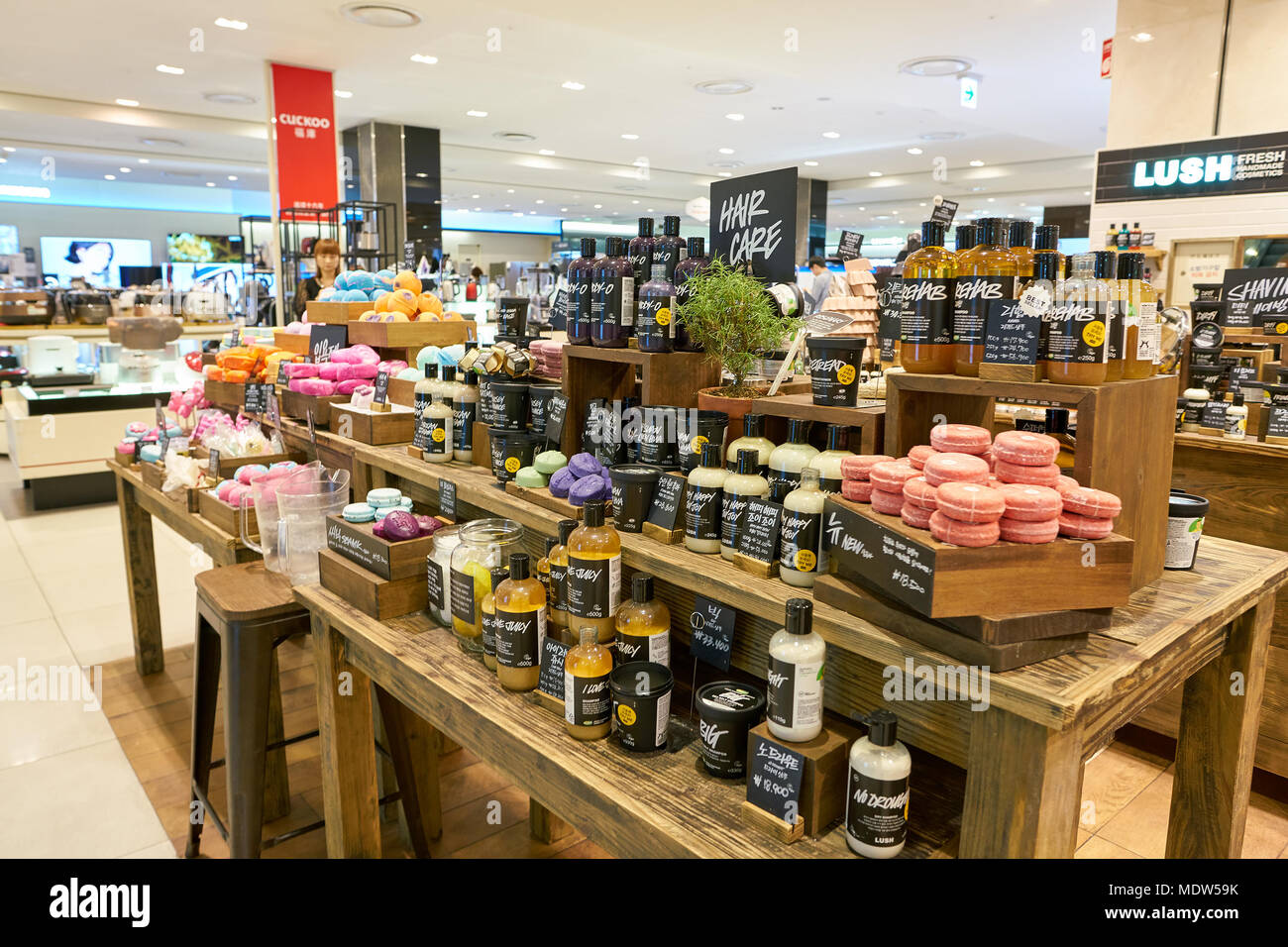 BUSAN, SOUTH KOREA - MAY 28, 2017: cosmetic products sit on display for ...