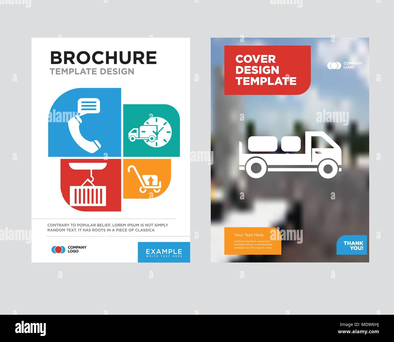 Delivery truck with packages behind brochure flyer design template with ...